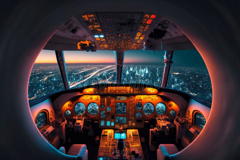 Large Illuminated Airplane Cockpit with Beautiful Views Out of Window ...