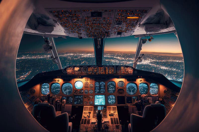 Large Illuminated Airplane Cockpit with Beautiful Views Out of Window ...