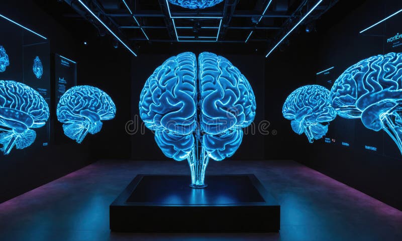 A Large, Illuminated Brain Model Stands on a Platform in a Museum ...
