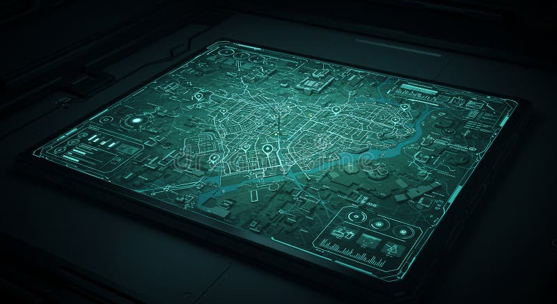 A Large, Illuminated Digital Map Displayed on a Flat, Horizontal Screen ...