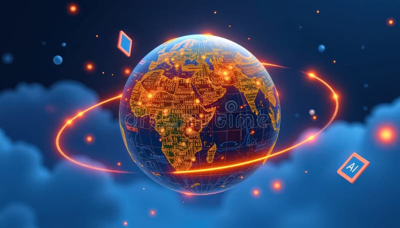 A Large Illuminated Globe Covered in Floating Binary Data, Circuit ...