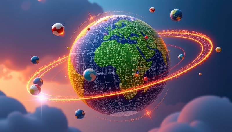 A Large Illuminated Globe Covered in Floating Binary Data, Circuit ...