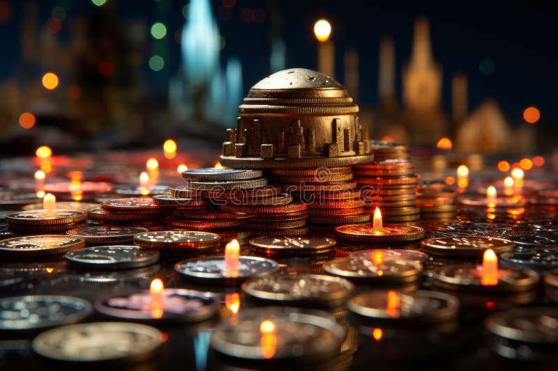 Large Illuminated Golden Bitcoin Coin with Soaring Value Chart in the ...