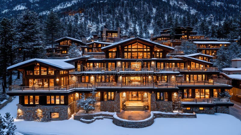 Large Illuminated Mountaintop House at Night in Winter Stock Image ...