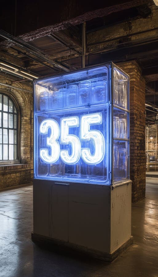 Large Illuminated Number 355 Displayed in Transparent Case on a White ...