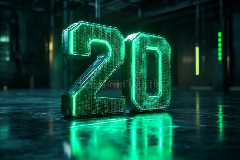 Large, Illuminated Number 20 Glowing Green in a Dark, Futuristic ...