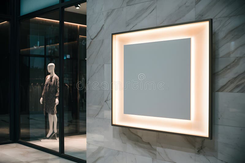 Large Illuminated Square Frame on Marble Wall, Mannequin in Storefront ...