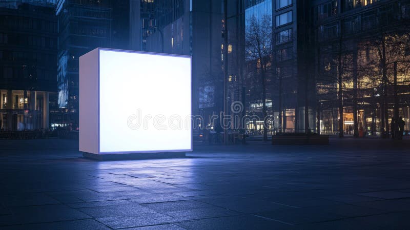 A Large, Illuminated, White Square Billboard in a City at Night Stock ...