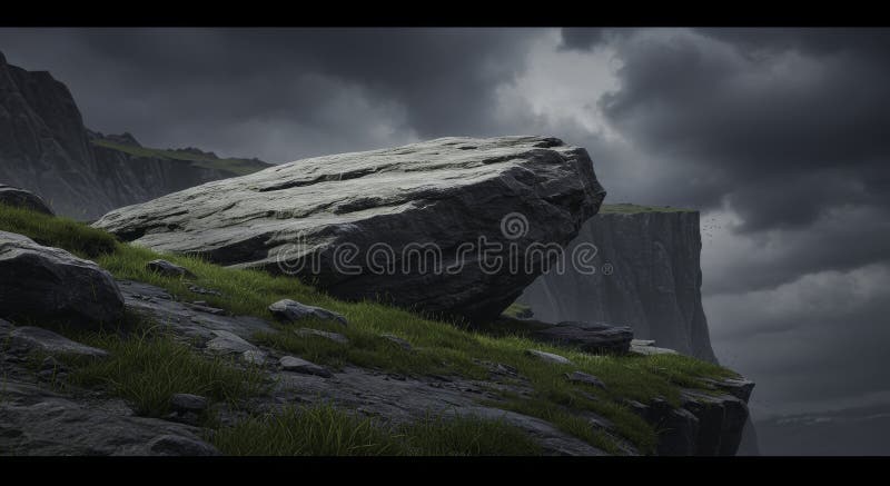 Dramatic Cliffside Rock Formation with Overhanging Boulder and Lush ...