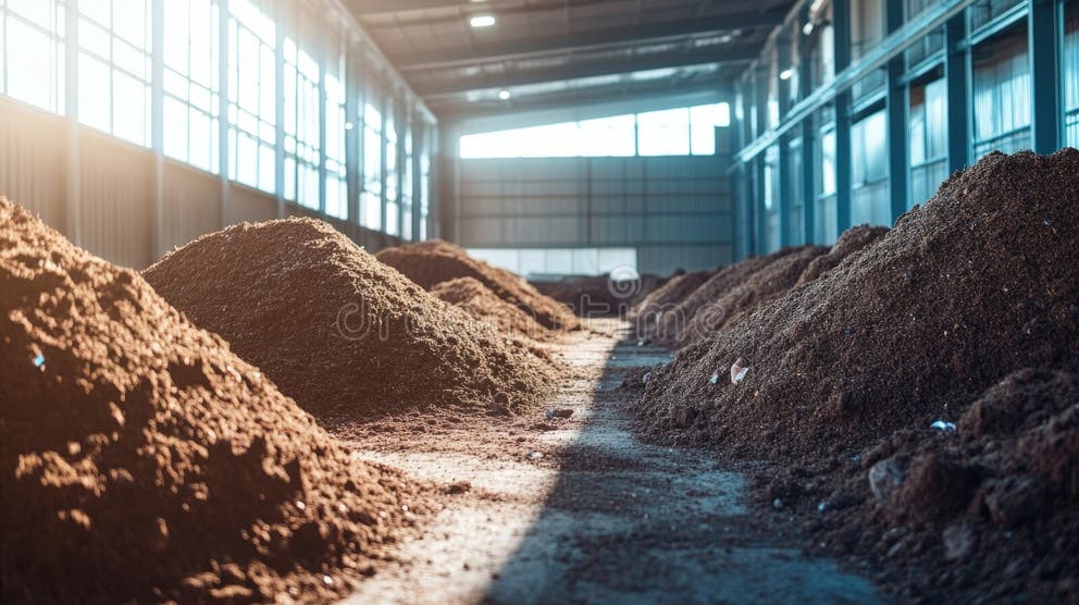 Large Indoor Compost Processing Facility with Piles of Organic Material ...