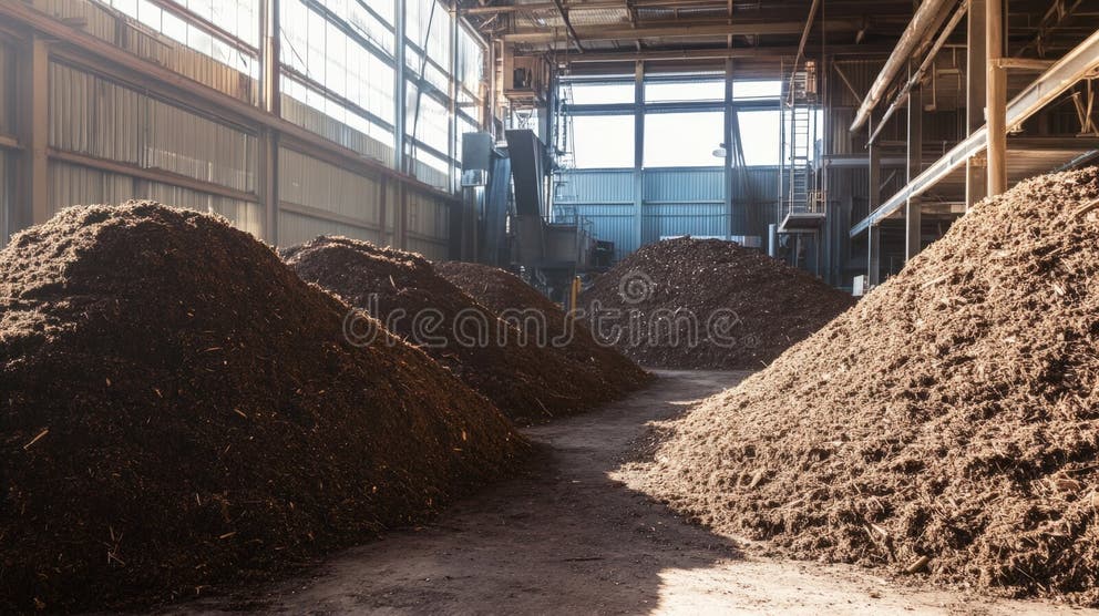Large Indoor Compost Processing Facility with Piles of Organic Material ...