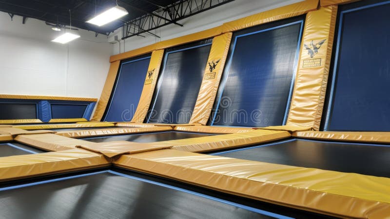 A Large Indoor Jumping Area with Yellow and Blue Padding Stock Image ...