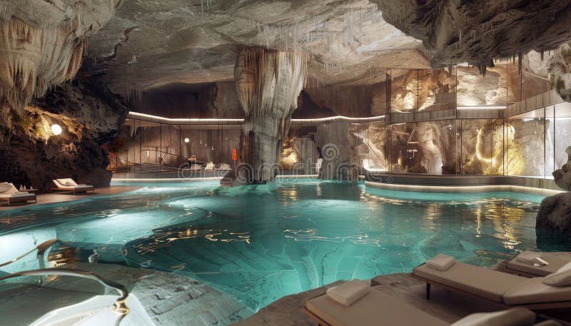 A Large Indoor Pool with a Cave-like Ceiling and a Rock Wall by AI ...