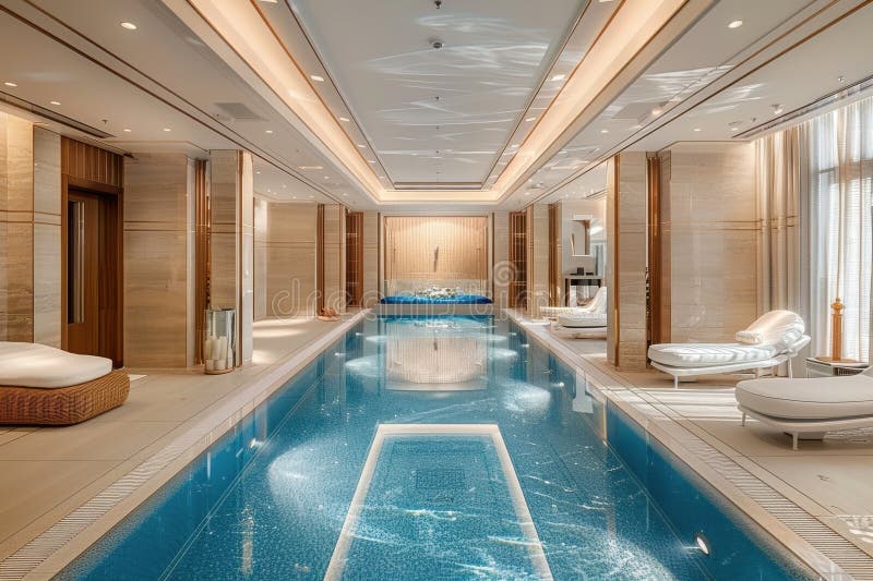 A Large Indoor Pool with a Glass Wall and a Lighted Ceiling Stock Photo ...