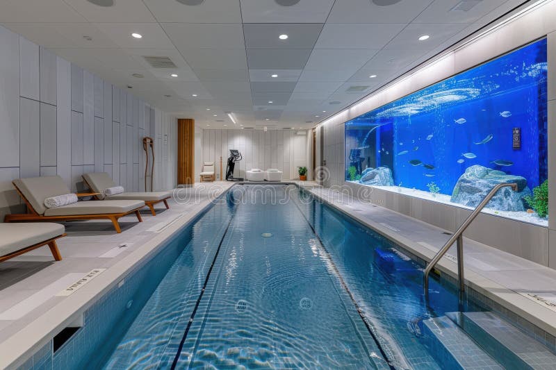 A Large Indoor Pool with a Glass Wall and a Lighted Ceiling Stock Photo ...