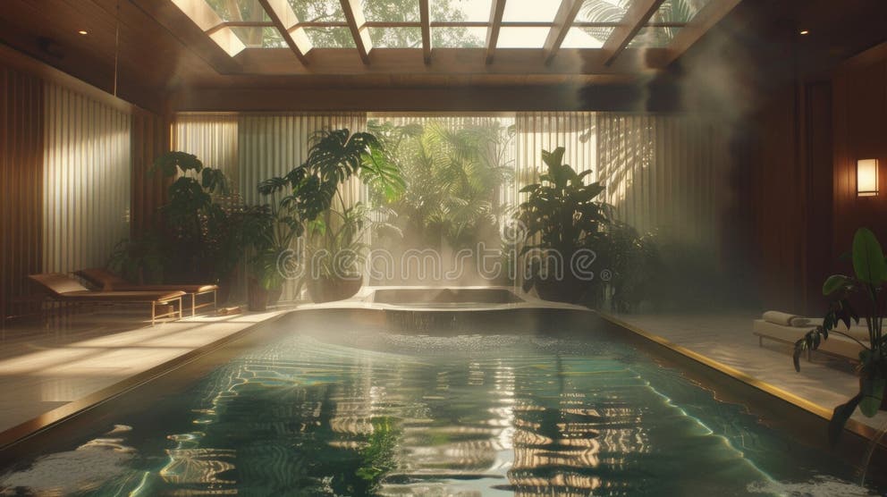 A Large Indoor Pool with a Sunlit Ceiling and Plants, AI Stock Image ...