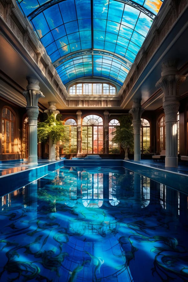 Large Indoor Swimming Pool with Skylight Above it. Generative AI Stock ...