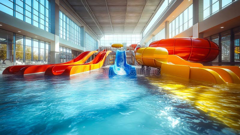 A Large Indoor Water Park with a Water Slide in the Middle of it Stock ...
