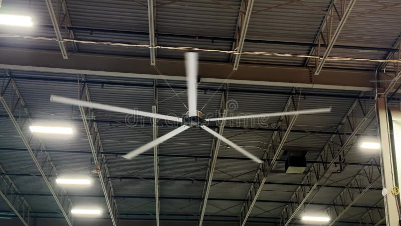 A Large, Industrial Ceiling Fan with Five White Blades Spins in a High ...