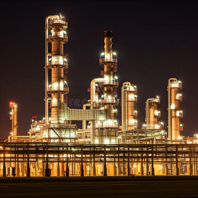 A Large Industrial Complex Illuminated at Night, with Towering ...