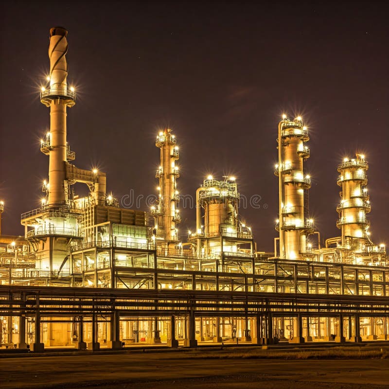 A Large Industrial Complex Illuminated at Night, with Towering ...