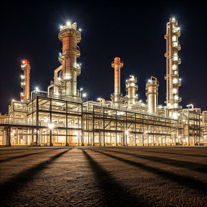 A Large Industrial Complex Illuminated at Night, with Towering ...