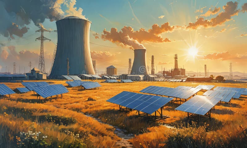 Large Industrial Complex with Multiple Smokestacks and Solar Panels is ...