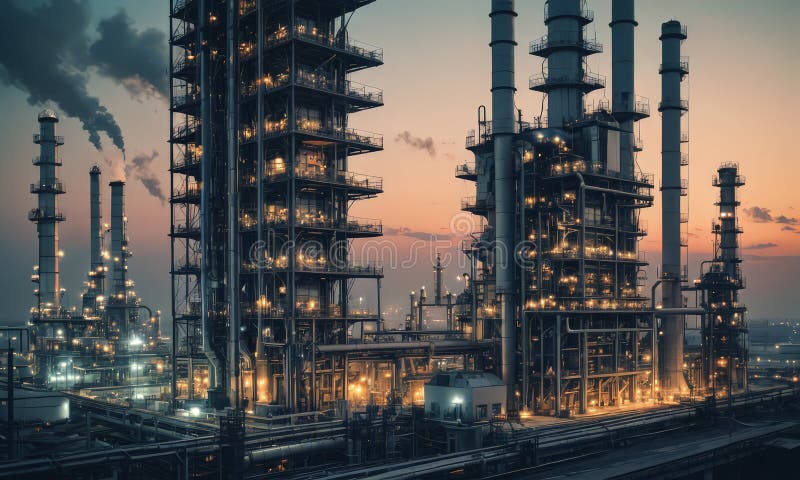 Large Industrial Complex with Multiple Towering Structures Illuminated ...