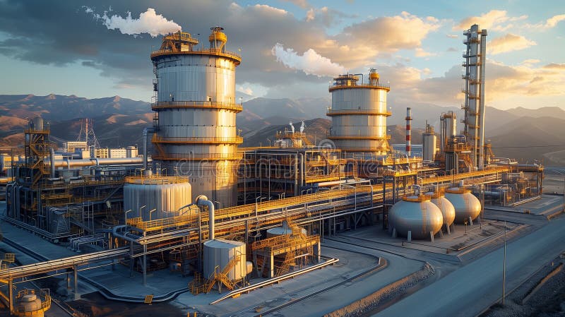 Industrial Complex at Sunset with Tall Towers and Pipes Stock Image ...