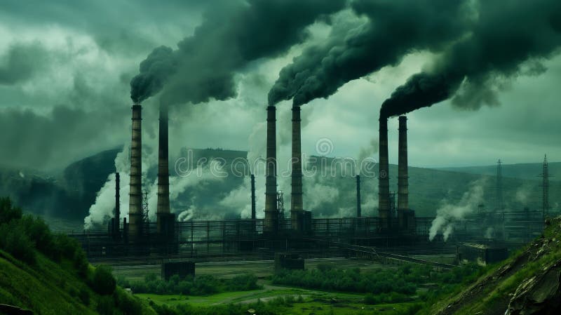 A Large Industrial Facility with Multiple Tall Smokestacks Emitting ...