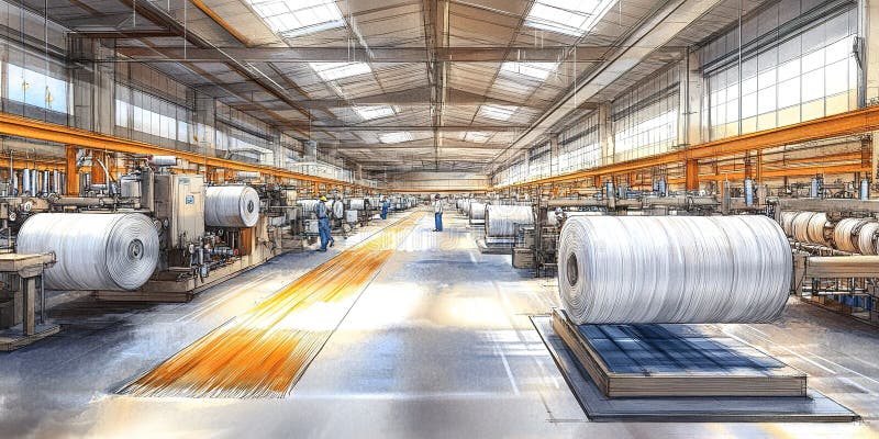 Large Industrial Facility with Rows of Machinery and Large Rolls of ...