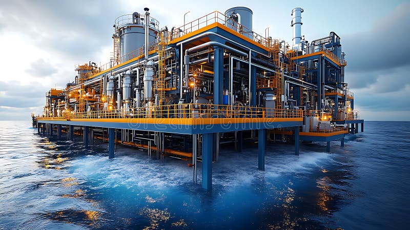 Large Industrial Facility on Water, Featuring Complex Piping and Machinery, Showcasing Advanced ...