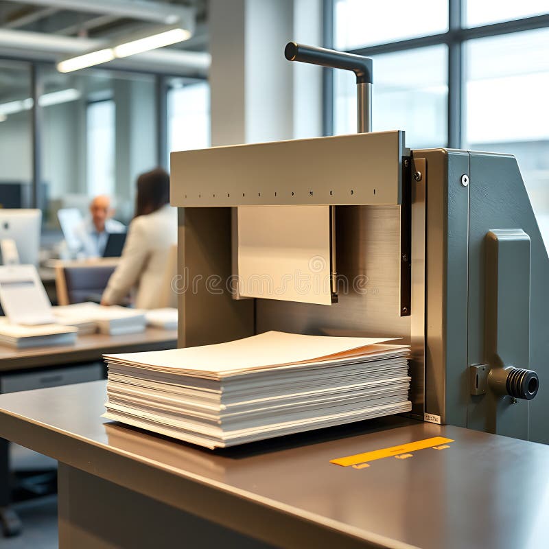 A Large Industrial Guillotine Paper Cutter in Action with a Stack of ...