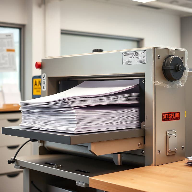 A Large Industrial Guillotine Paper Cutter in Action with a Stack of ...