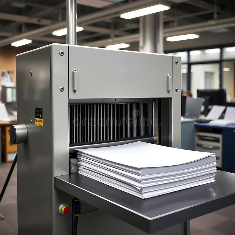 A Large Industrial Guillotine Paper Cutter in Action with a Stack of ...