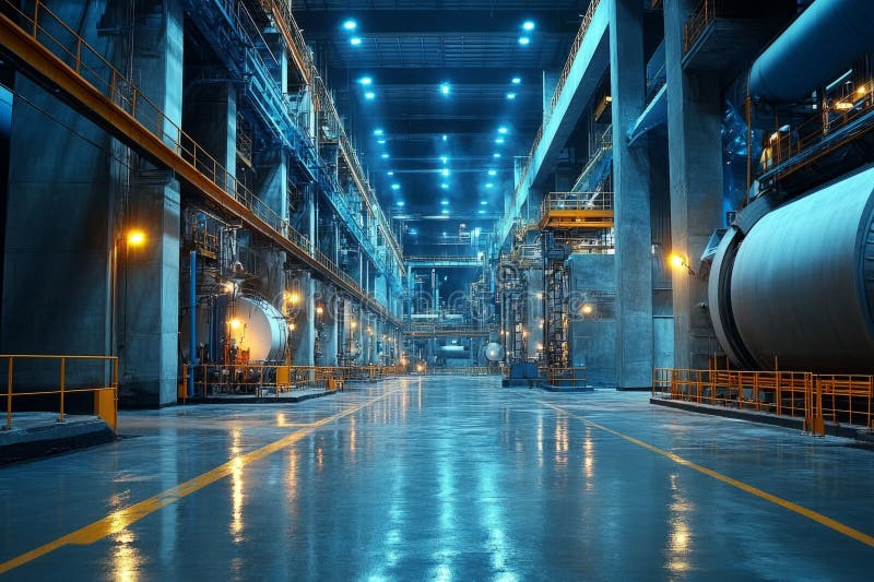 Large Industrial Hall Interior of Cement Factory with Processing ...