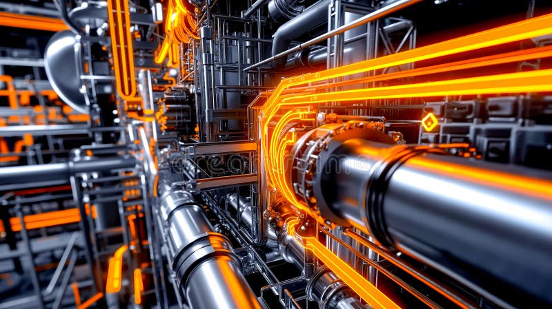 A Large Industrial Machine with Orange and Black Pipes Stock Photo ...