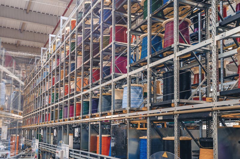 Large Industrial Metal Rack with Cables. Colored Cable Wound on Spools ...
