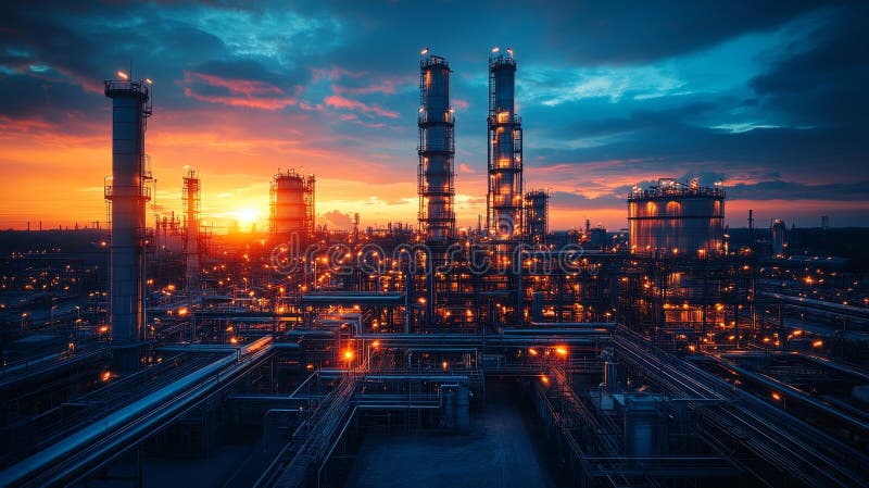 Industrial Oil Refinery at Sunset with Glowing Lights Generative AI ...