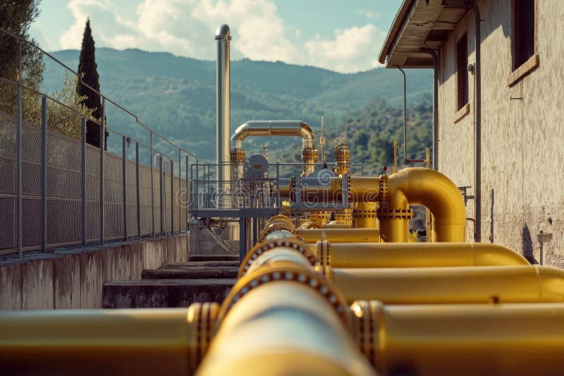 A Large Industrial Pipe with a Mountain Range in the Background, Great ...