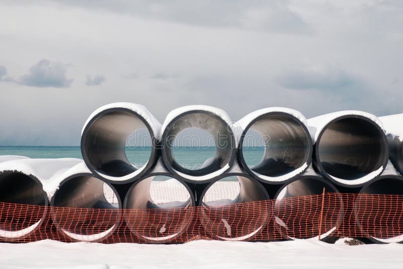 Large Industrial Pipes Covered with Snow Stock Image - Image of round ...