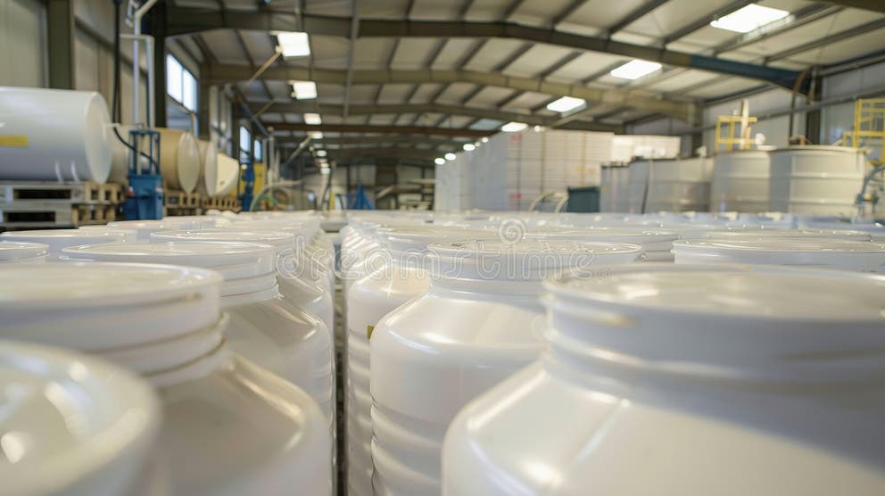 Large Industrial Plastic Containers in Production Facility Stock Photo ...