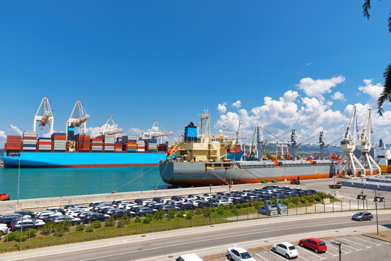 Large Industrial Port with Cranes and Cargo Containers Stock Photo ...