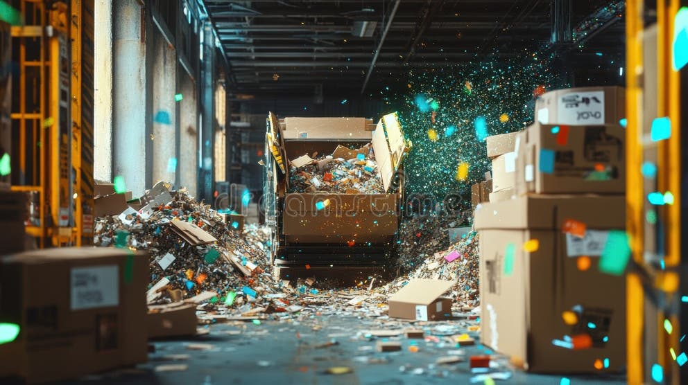 Industrial Shredder Crushing Trash in Warehouse with Falling Confetti ...
