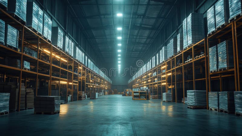 Large Industrial Storage Area with Rows of Shelves and Pallets Stock ...