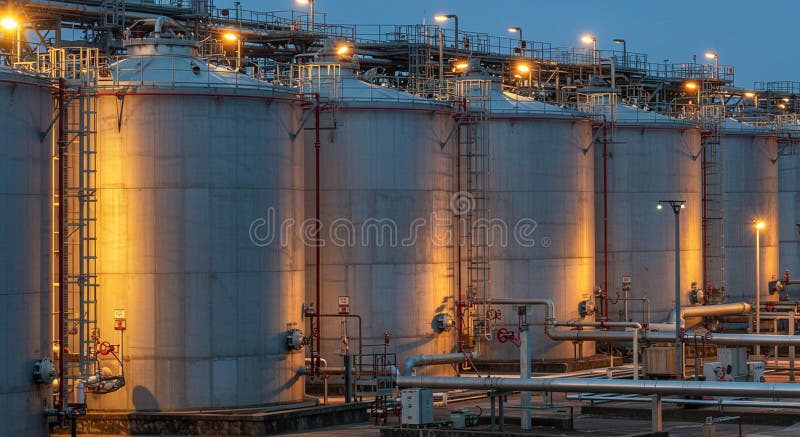 Large Industrial Storage Tanks at Night with Pipelines and Lighting ...