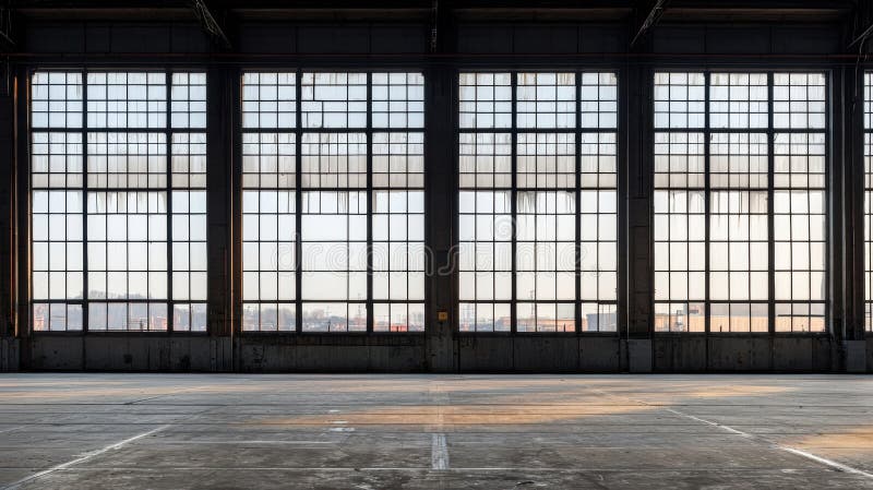 A Large Industrial Warehouse with a High Ceiling and Large Windows ...