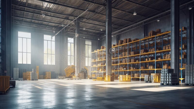 Large Industrial Warehouse. High Racks Filled with Boxes and Containers ...