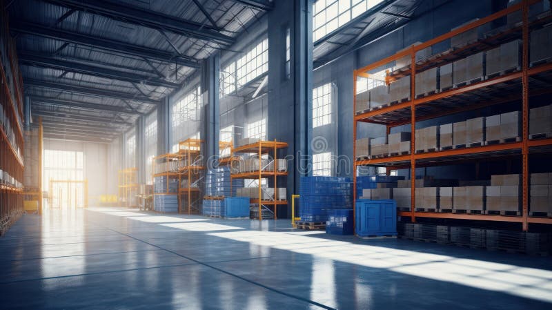 Large Industrial Warehouse. High Racks Filled with Boxes and Containers ...