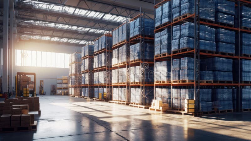 Large Industrial Warehouse. High Racks Filled with Boxes and Containers ...